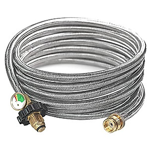 DOZYANT 15 Feet POL Stainless Braided Propane Hose Adapter with Propane Tank Gauge, 1lb to 20lb Propane Converter Hose for Propane Stove, Tabletop Grill and More 1lb Portable Appliance