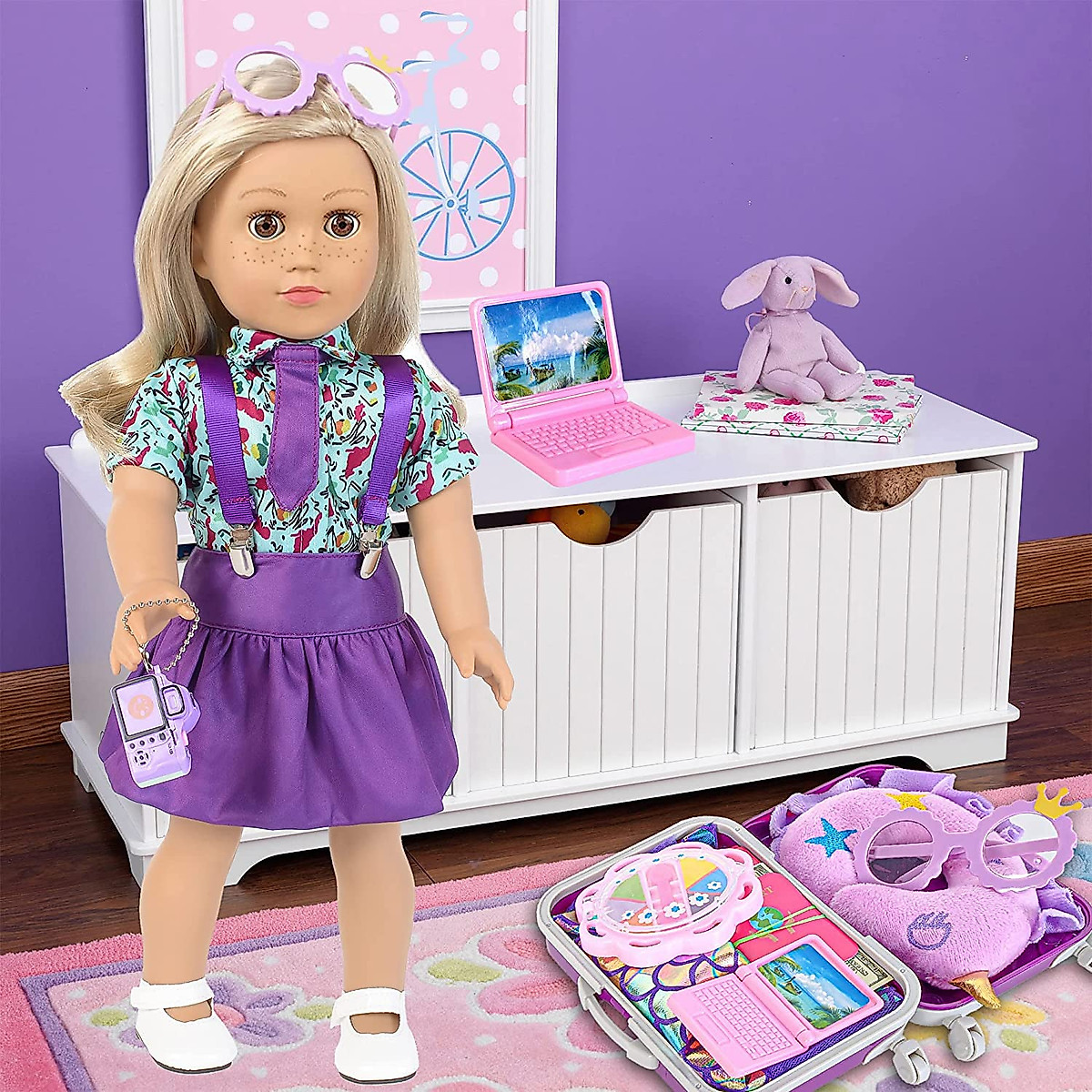 25pc 18 inch Girl Doll Clothes and Accessories Travel Case Luggage School Play Set with Pillow Camera Sunglasses for 18 inch Dolls Travel Storage for Girls (No Doll)
