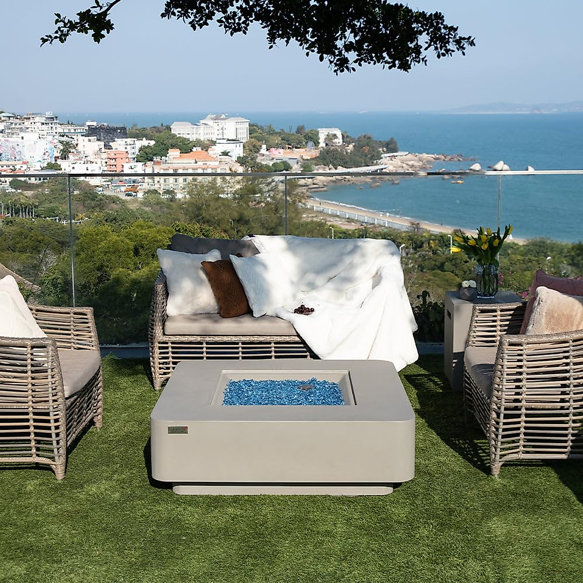 Lucerne Concrete Fire Pit 42".1 x 42 Outdoor Patio Firepit Includes Fire Glass Modern Fire Pits & Outdoor Fireplaces for Garden, Deck, Indoor & Outdoor Heating