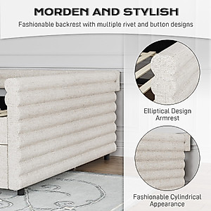 ONEMMLION Full Size Daybed with Trundle, Upholstered Day Bed Frame with Backrest and Wood Slat Support, Trundle Daybed in Linen, Twin Sofa Bed for Bedroom Guest Room, No Box Spring Needed, Beige