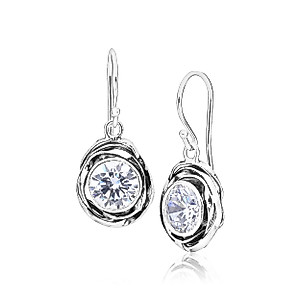 925 Sterling Silver Hanging Earrings w/White Round Cubic Zirconia Antique Finish Wrapped Bezel Nested in CZ, Hypoallergenic, Nickel & Lead-free, Artisan Handcrafted Designer, French Wire Earring Back