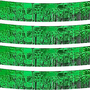 CareCheer 4 Pack 10 Feet Foil Fringe Garland Shiny Metallic Wall Hanging Drapes Tassel Skirting Decorations Supplies for Parade Float Trailer Mardi Gras Party Birthday Wedding (Green)