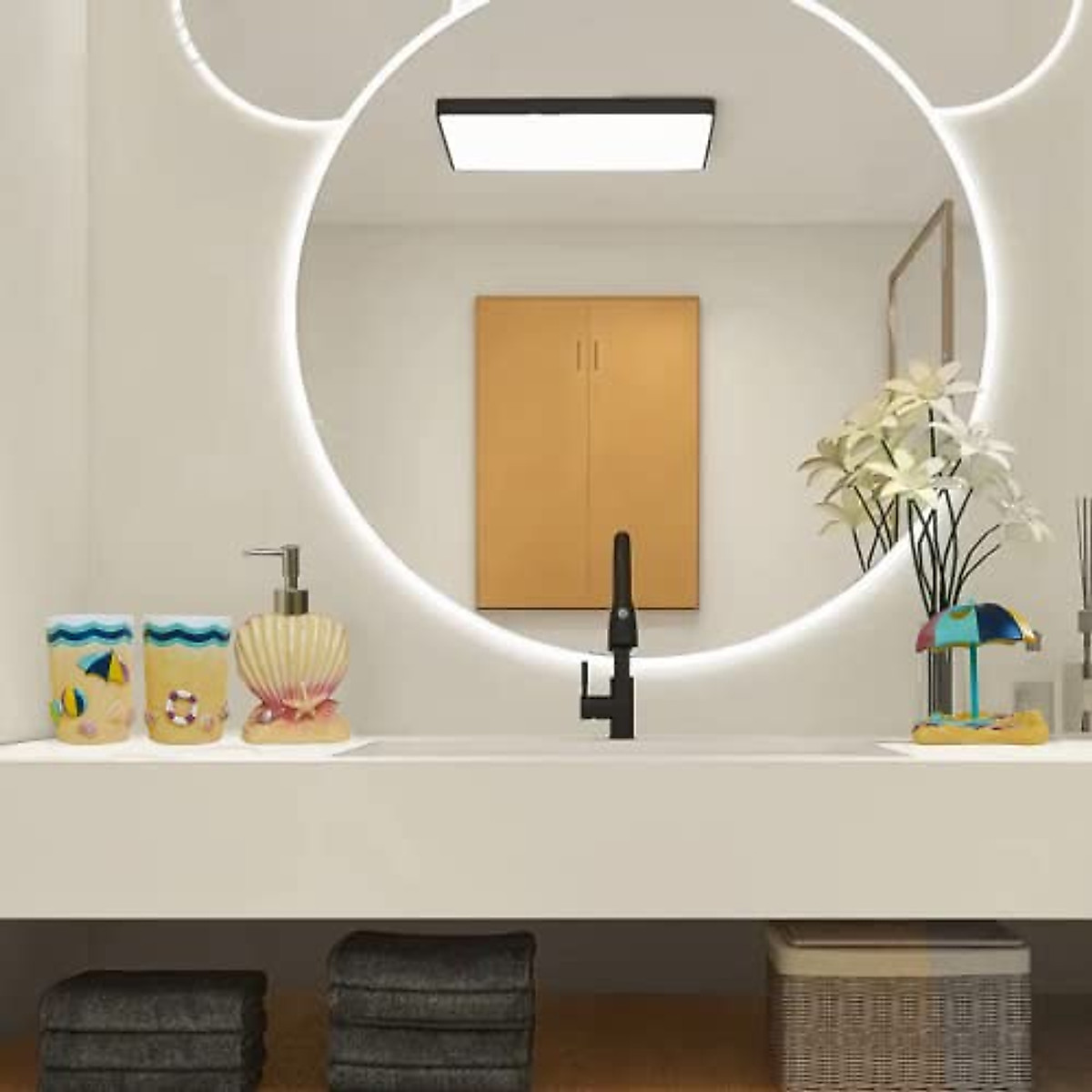 Seaside Beach Bathroom Accessories Set, Vanity Decor for Kids, Set of 5 Including with 2 Cups, 1 Toothrush Holder, 1 Soap Dispenser and 1 Soap Dish, Decorative with Starfish and Conch