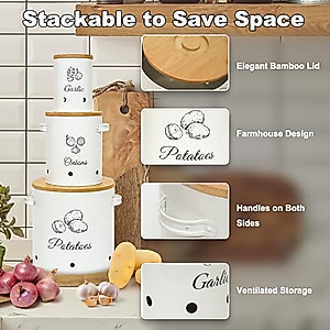 Holismo Potato Storage For Pantry, 3 Containers Kitchen Counter Organizer Countertop Onion and Potato Storage bin with Garlic Holder, Kitchen Canisters Vegetable Keeper with bamboo lid