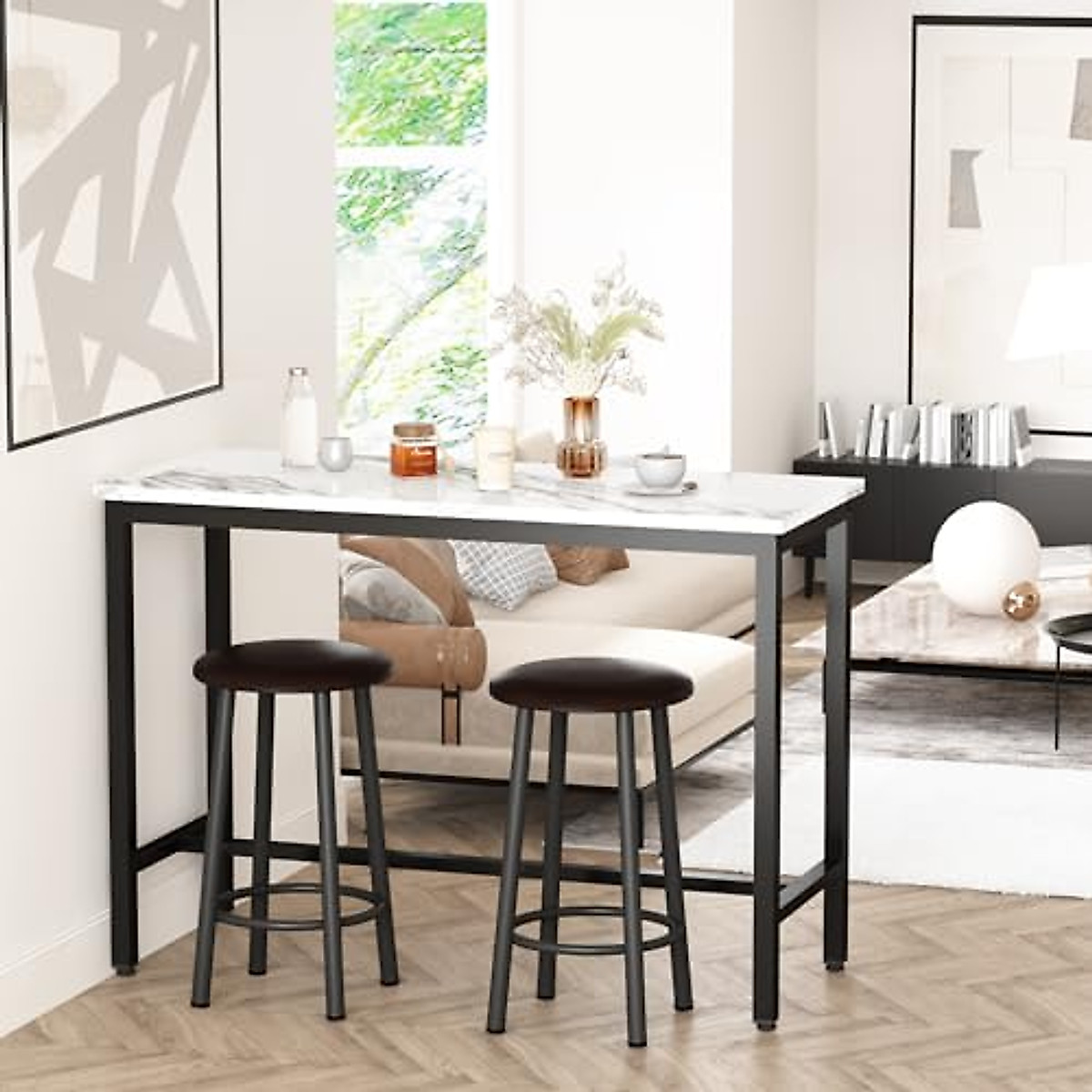 Lamerge 47.2" Bar Table Set of 2,Faux Marble Table Top,PU Leather Stools,3 Piece Pub Height Table Set,Dining Table Set,for Kitchen,Living Room,Nook,Bar,White&Brown