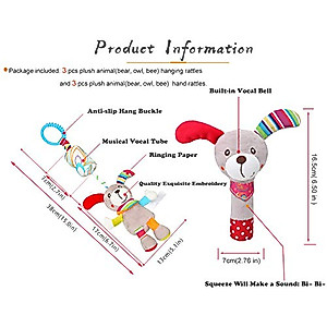 6 Pcs Baby Hanging + Hand Rattles Toys, Soft Crinkle Squeaky Sensory Learning Toy, Plush Animals Ring Stroller Infant Car Bed Crib Travel Activity Hanging Wind Chime for Babies Toddlers