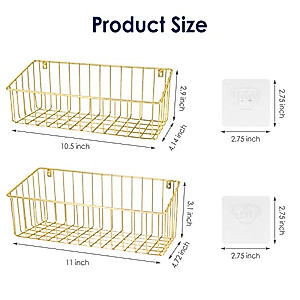 Paddsun 2 Pack Adhesive Shower Caddy Basket Shelf, Stainless Steel Gold Bathroom Tub Organizer with 5 Hooks, No Drilling Wall Mounted Organizer Shelves for Bathroom Kitchen Toilet Bedroom