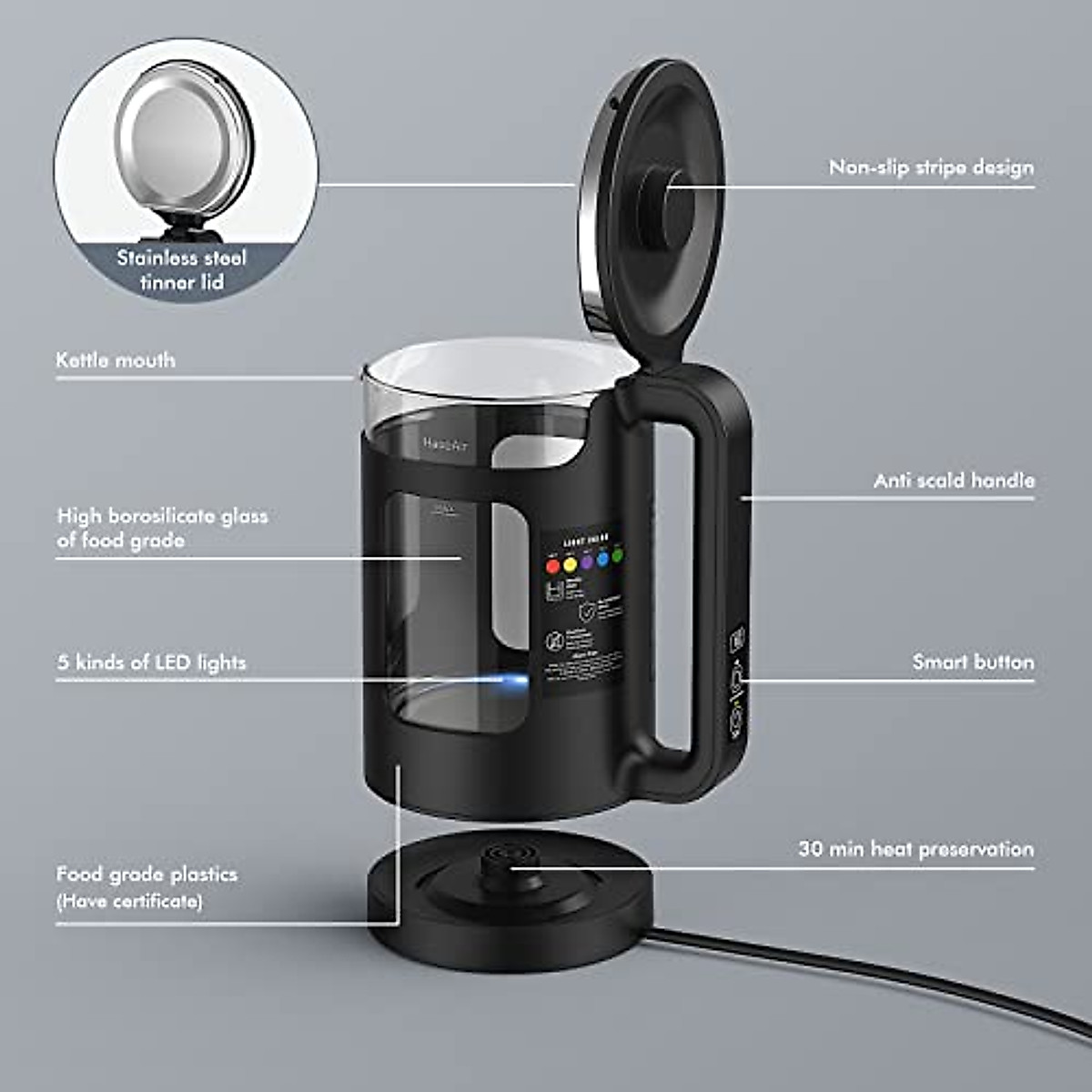 Smart Electric Kettle Quiet Glass Electric, Prevent Limescale Ruste Lnner Liner Base，Keep Warm Tea Kettle & Hot Water Boiler，Temperature Control with 5 Presets，Auto Shutoff and Boil-Dry Protection