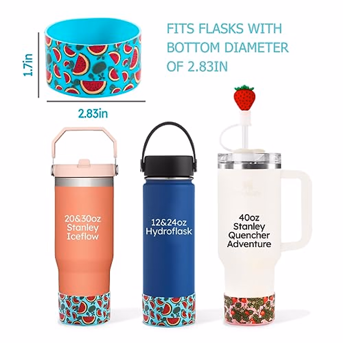 2 Pcs of Silicone Cup Boot with Straw Cover for Stanley Cup Accessories, Silicone Base Water Bottle Bottom Sleeve for 40 oz 30 oz Tumbler Hydro Flask (Watermelon and Strawberry Silicon Boot)