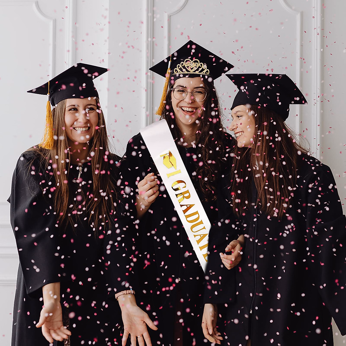 CAVETEE Gold Graduate Crown and Sash Congratulations Graduate 2024 Grad Party Decorations 2024 Graduate Crowns for Women Grad Tiara and I Graduated Sash for Women Grad Cap Decorations Grad Cap Topper