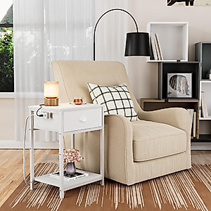 Furologee White Nightstands Set of 2 with Charging Station, Small Bed Side Table with Fabric Drawer for Small Spaces, 2 Tiers Storage Shelves End Table for Living Room, Bedroom, Dorm