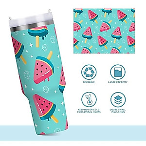 DIGTIA Stainless Steel Insulated Tumbler w/Handle & Straw, Watermelon Blue Double Wall Vacuum Travel Coffee Mug Cup w/Lid, Leak-Proof Sports Ice Cream Water Bottle,40oz