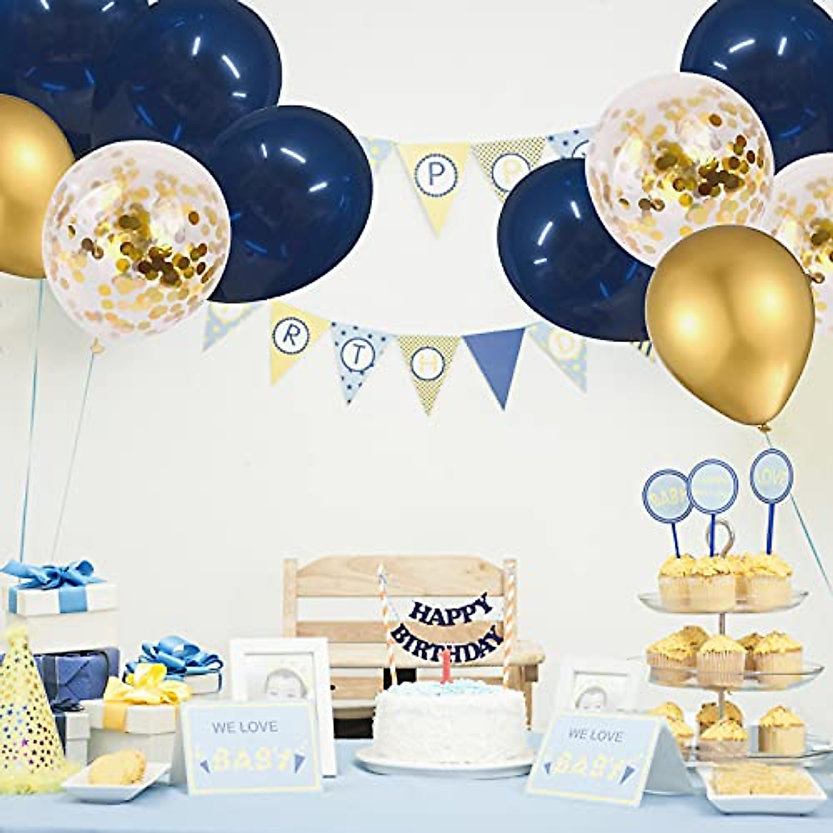 Navy Blue Gold Balloons Garland Arch Kit - 120 Pcs Navy Blue and Metallic Gold Confetti White Latex Balloons for Party Wedding Birthday Special Events Party Graduation Decoration