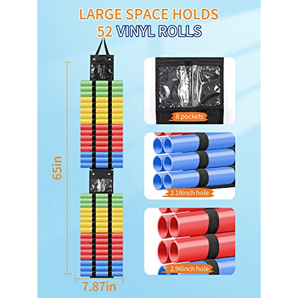 Vinyl Storage Organizer,Vinyl Roll Holder Wall Mount/Over The Door, Craft Vinyl Storage Rack, Hanging Organizer Storage with 52 Roll Compartments, Black