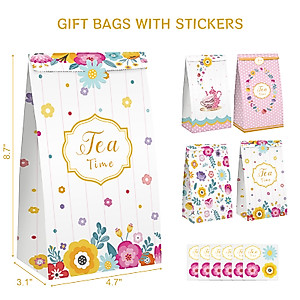 HONEYGIFTS 24PCS Party Favor Bags,Tea Party Favor Bags with Stickers, 5 x 3 x 8.7inches Candy Bags Floral Gift Bags Treat Bags Goodie Bags for Kids Girls Birthday Party