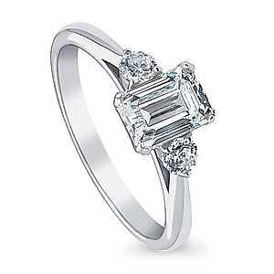 BERRICLE Sterling Silver 3-Stone Wedding Engagement Rings Emerald Cut Cubic Zirconia CZ Anniversary Promise Ring for Women, Rhodium Plated Size 5