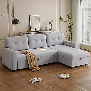 Acosure 82" Sectional Sleeper Sofa with Storage Chaise & Pull-Out Bed,L-Shape Convertible 3 Seater Couch W/Tufted Backrest,Reversible Sleeper for Living Room Apartment Office,Light Gray