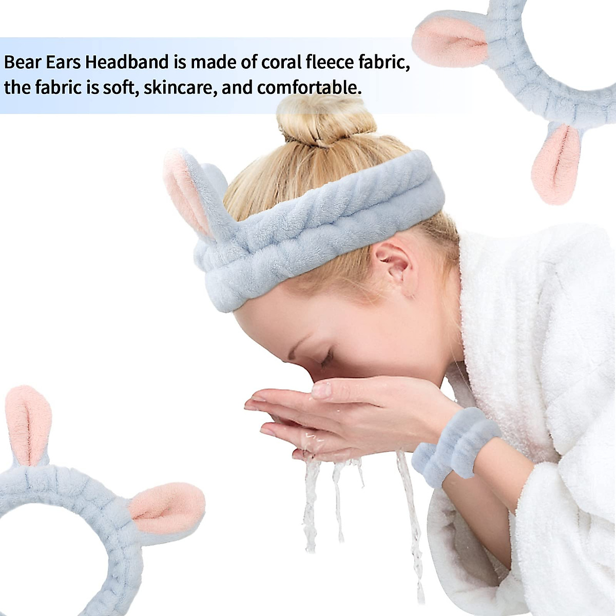 AMCAMI Bunny Ears Shower Set for Women - 6 Pcs Makeup Headbands with Wristband, Elastic Cosmetic Headbands for Face Washing