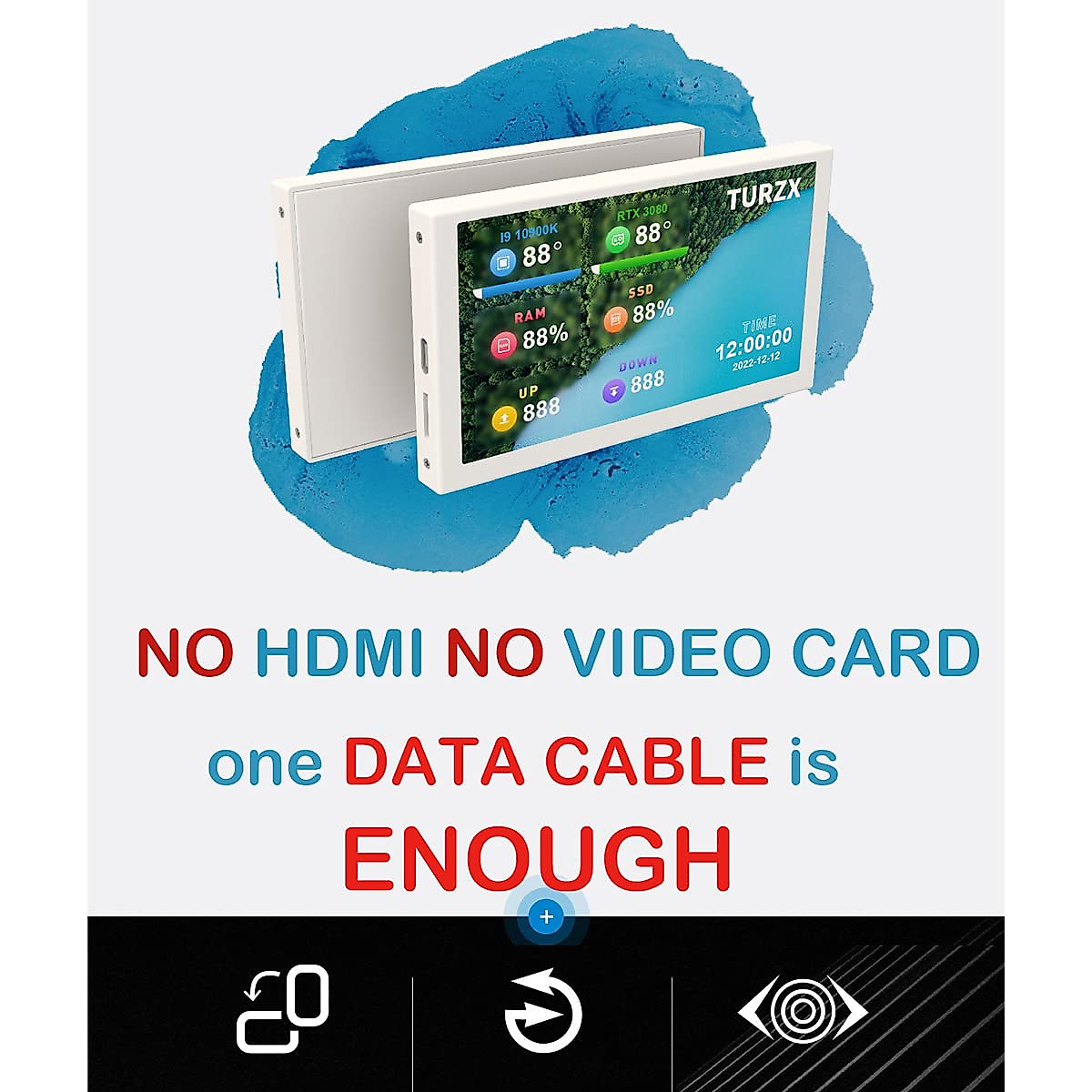 EDIY 5 inch IPS USB Mini Screen AIDA64 PC CPU RAM HDD Data Monitor Computer Temperature Display Type-C 800 x 480 Sub Screen, black 5inch