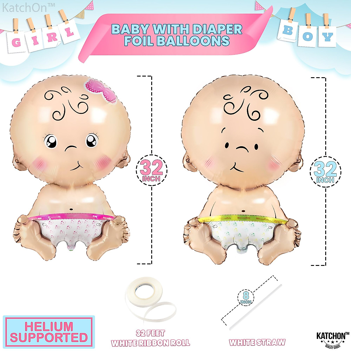 KatchOn, Baby Gender Reveal Balloons Set - 32 Inch, Pack of 2 | Baby Balloons, Gender Reveal Decorations | Baby Boy Balloons and Baby Girl Balloons, Twin Baby Shower Decorations | Boy Or Girl Balloon