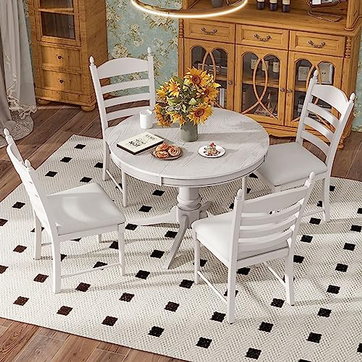 HAUSHECK Round 4-Extendable Table and Upholstered Chairs, Soft Padded Cushion, Modern Multifunctional Rustic Style Home Furniture, 5-Pieces Kitchen & Dining Room Sets, Antique White