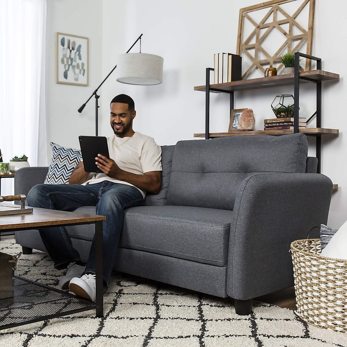 Best Choice Products 76 inch Linen Fabric Upholstered Contemporary Sofa Couch Lounger, Dark Gray