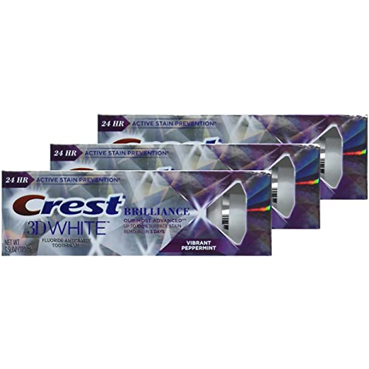 Crest 3D White Brilliance Toothpaste, Vibrant Peppermint, 3.9 Oz (Pack of 3)