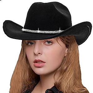 UTOWO Women Vintage-Western Cowboy-Hat Bling-Rhinestones Cowgirl-Hat - Shiny-Glitter-Decor Felt Fedora-Hat Outback Country