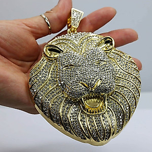MAXBLING81 FASHION HIP HOP RAPPER STYLE ICED SIMULATED DIAMOND GOLD SILVER PLATED JUMBO LARGE LION HEAD CHARM PENDANT & 14mm 18" 20" 24" ZIG ZAG CUBAN BOX LOCK CHAIN NECKLACE GIFT (24" CHAIN, GOLD)