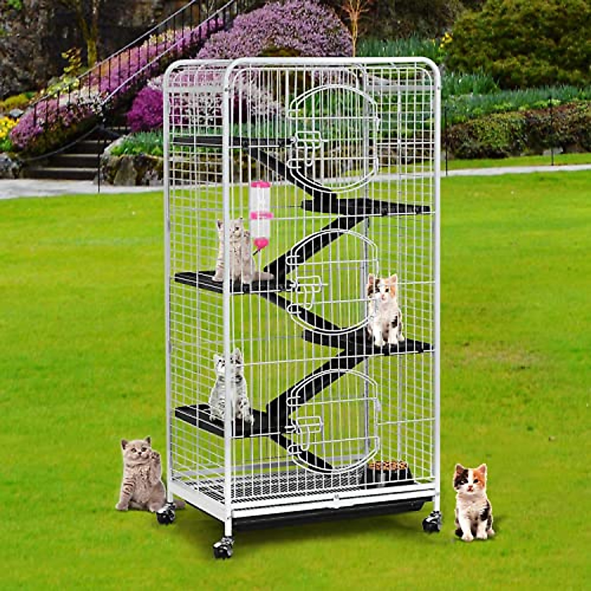Yaheetech Large Rolling Cat Kitten Cage 6-Tier 52" Metal Kitten House for Ferret Chinchilla Rabbit Squirrels w/ 3 Front Doors/Pet Bowl/Water Bottle White