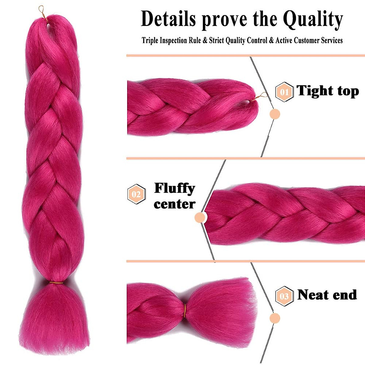 Pink Braiding Hair Extension 3pcs/Lot Crochet Jumbo Braids Hair 100g/pc Hot Pink Braids Hair Synthetic Crochet Twist Braid Hair Extension for Box Braids (24Inch,Rosy)