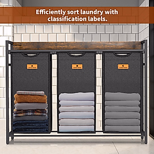 SZHLUX Laundry Hamper, Laundry Basket with Classification Labels and 3 Pull-Out, Removable Bags - 3 x 10 Gallons (38L), Rustic Brown and Black