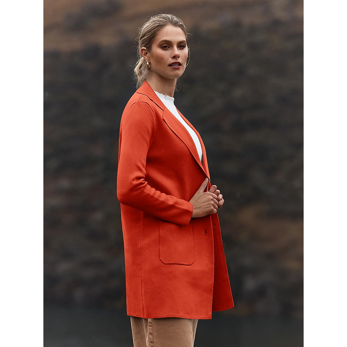 MEROKEETY Women's Casual Knit Blazer Jacket Button Down Elegant Work Office Coatigan Sweater for Fall Winter, Orange, Medium