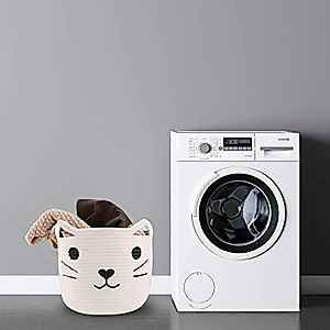 12''X10'' Woven Basket White Toy Storage Basket Cat Design | LONTAN Cotton Rope Basket Collapsible Baby Hamper Cute Bathroom Storage Basket for Clothes, Towels