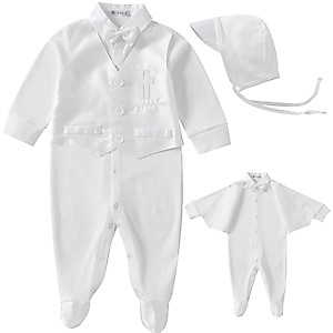 Booulfi Baby Boy Baptism Outfit Boys Christening Outfits Baby Boy Clothes 3-6 Months Newborn Boy Outfits Long Sleeves Baby Romper Hat BowTie 3 Pcs Baby Boy Clothing Set