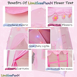 LimitlessFunN 210D Oxford Fabric Flower Kids Play Tent | Includes Star Lights & Carrying Case |, Children Indoor Castle Playhouse for Girls, Toddlers, 39" D x 51" W x 51" H