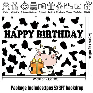 Cartoon Cow Happy Birthday Photography Backdrops Black and White Cow Figure Photo Background for Kid's Birthday Party Decor Newborn Baby Shower Banner Props Supplies 5×3FT