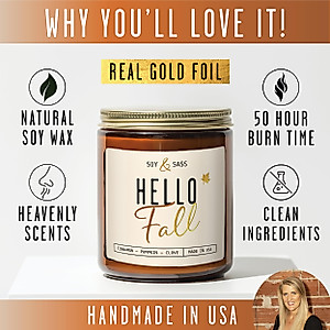 Fall Candles - 'Hello Fall Candle'' Autumn Scented Soy Candles for Home, Fall Scented Candles for Home, Fall Home Décor, 9oz Reusable Jar, 50Hr Burn, Made in USA