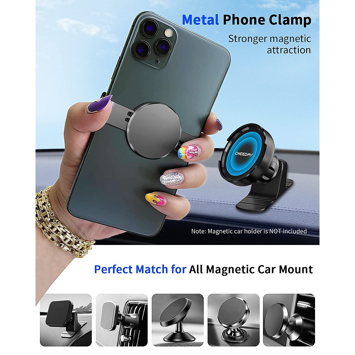 CHEEDAY Metal Phone Clamp for Magnetic Car Mount, [Clip & Remove at Anytime] Durable Metal Phone Clip for Most Magnet Phone Holder Compatible with iPhone 12 13 14 Pro Max, Samsung and More, Gray