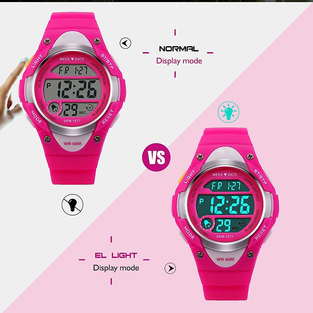 cofuo Girls Boys Digital Watch - Kids Sports Waterproof Outdoor Watches with Alarm Stopwatch Youth Children LED Electronic Wristwatch - Rose Red