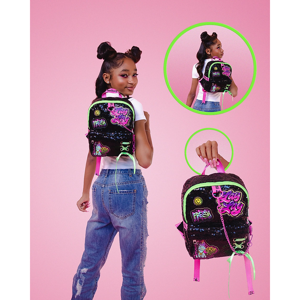 That Girl LayLay Mini Backpack PURSE for Girls, 10 inch, Sequin Material with Lace Up Grommet Details & Appliqued Patches, Adjustable Shoulder Straps, Light Weight Travel bag for kids