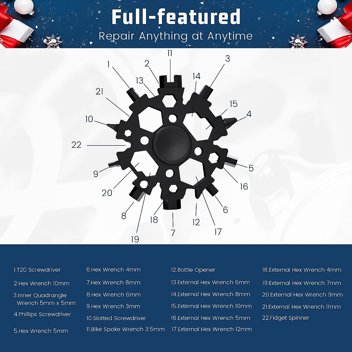 Gifts for Men, 22 in 1 Snowflake Multitool as Christmas Stocking Stuffers for Kids, Teens, Adults, Dads, Husbands, Boyfriends, and Grandpas（Black）