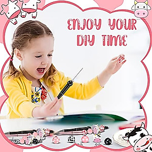 12 Set Plastic Beadable Pens Assorted Bead Pens Wood Beads Crystal Spacer Beads Set Round Beads Black Ink Ballpoint Pen DIY Bead Pen Set for Women Kids Gifts School Office Supplies (Cow Print)
