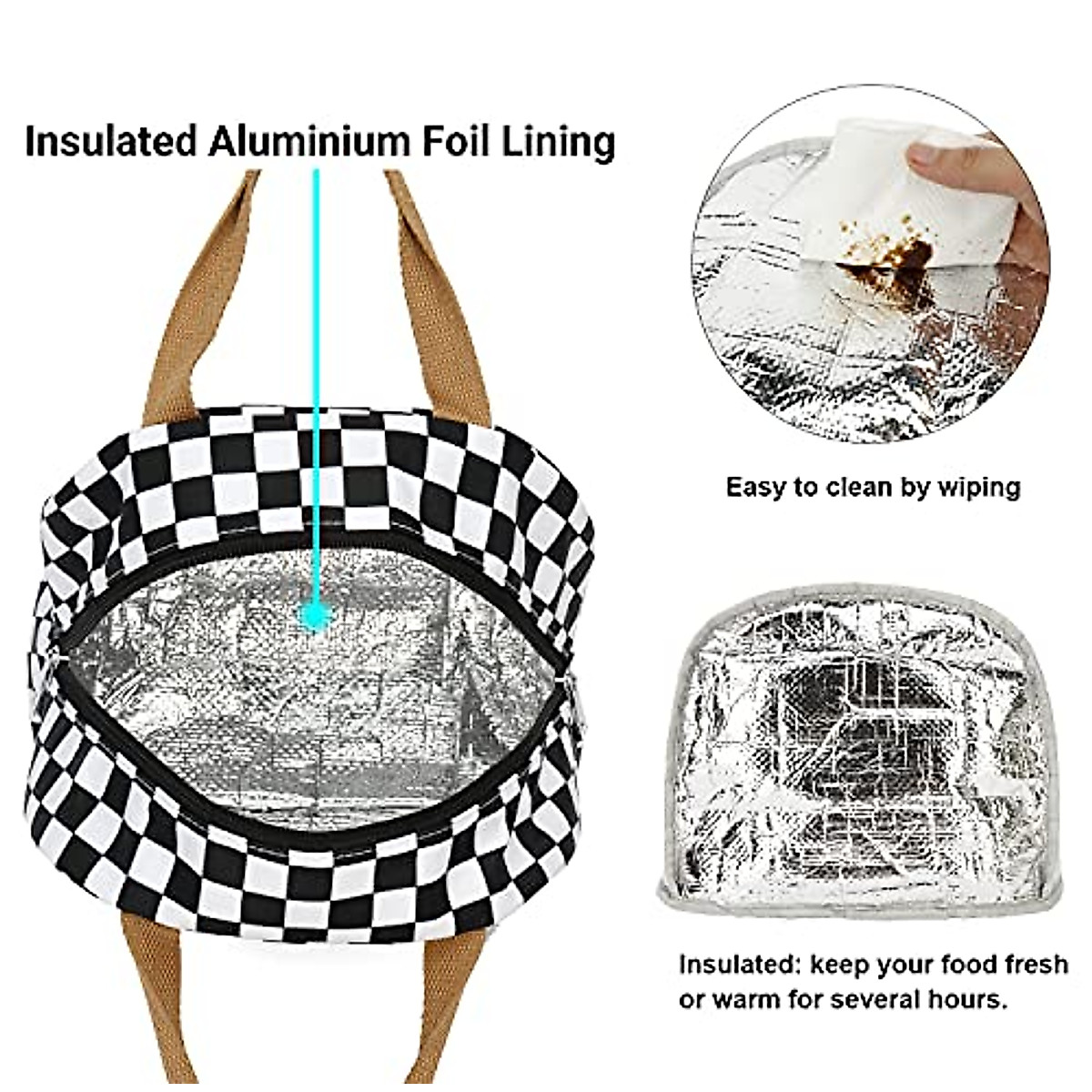 Yusudan Checkered Lunch Bag for Women Girls, Reusable Insulated Picnic Tote Bags for Adults Kids Work School Hiking Beach