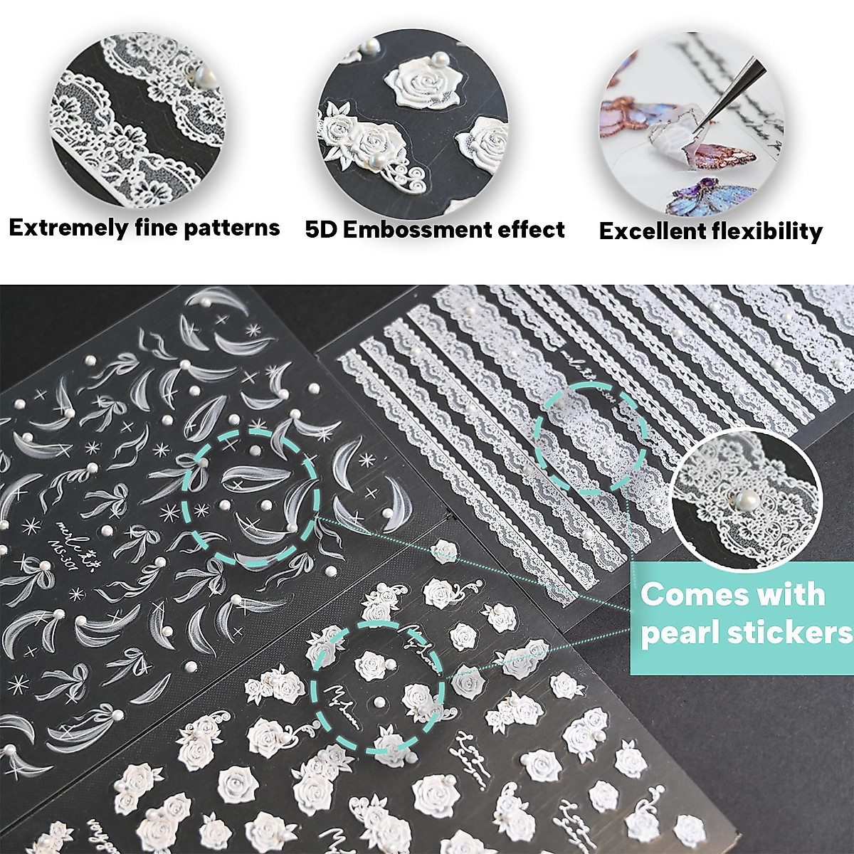 CESTSIREN 3 Sheets White Nail Art Stickers 5D Embossed Flower Lace Ribbon Nail Decals for Nail Art Design Pearl Nail Accessories for Women Nail Art Supplies