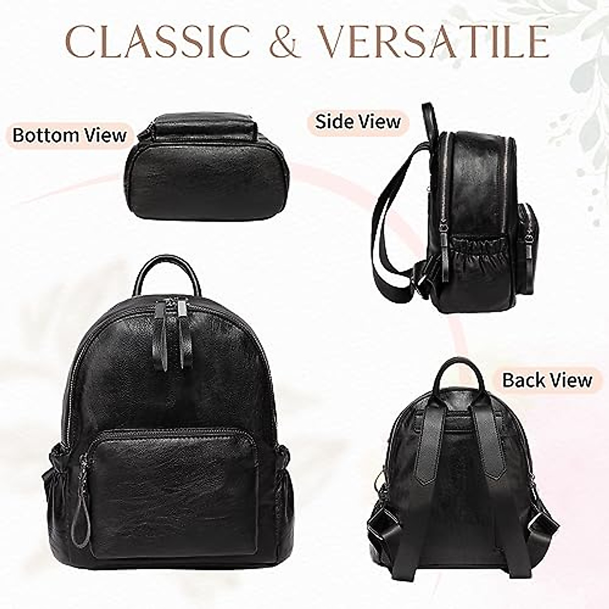VASCHY Mini Backpack Purse, Cute Faux Leather Small Backpack Purse for Women with Double Compartment Black
