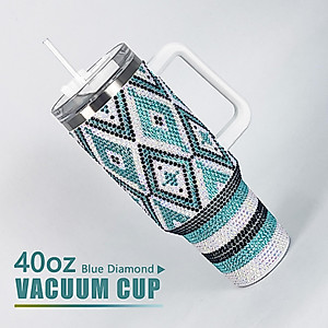 Cupcupmore 40oz Blue Diamond Bling Rhinestone Stainless Steel Sippy Tumbler Glitter Vacuum Insulated Water Bottle with Straw & Lid &Handle,Thermos for Hot & Cold Drinks,Car Cup Holder,Coffee