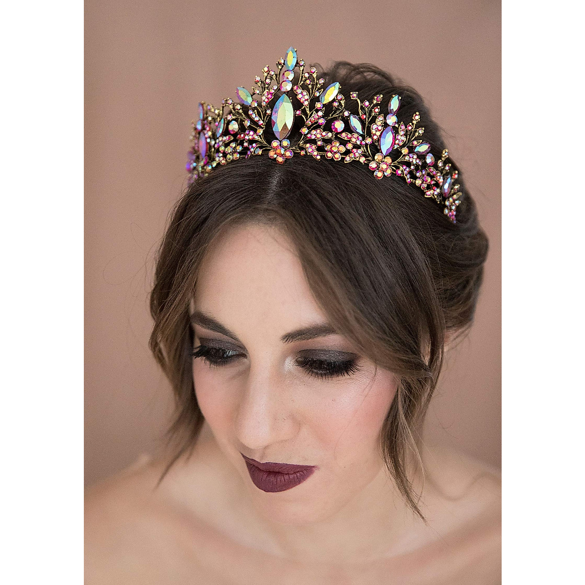 SWEETV Tiaras and Crowns for Women, Iridescent Crystal Queen Crown, Multicolored Wedding Tiara for Bride, Metal Birthday Quinceanera Pageant Prom Headpieces,Gabriella