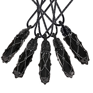 SUNYIK Hexagonal Crystal Point Pendant Necklace with Wax Rope Wrapped, Wrapped Stone Wand Necklace for Women Men, Obsidian