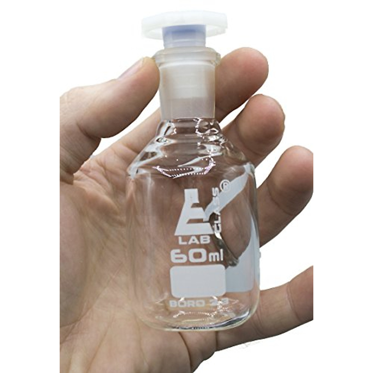 EISCO 60mL (2oz) Glass Reagent Bottle with Acid Proof Polypropylene Stopper, Borosilicate 3.3 Glass Labs